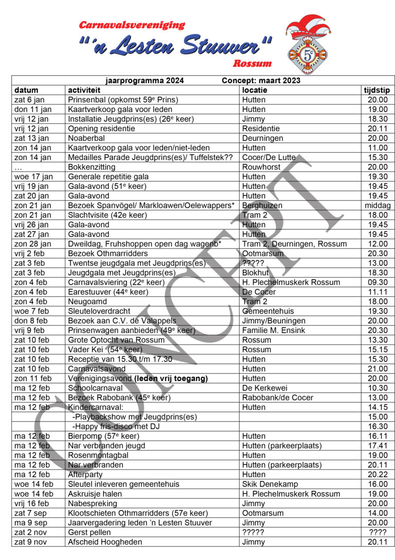 Concept jaarprogramma 2024 ’n Lesten Stuuver | CV 'n Lesten Stuuver